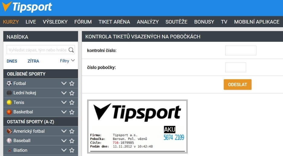 Tipsport: on-line kontrola tiketu